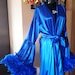 Blue Feathers Robe, Satin Boa Dressing Gown, Blue Custom Plus Size ...