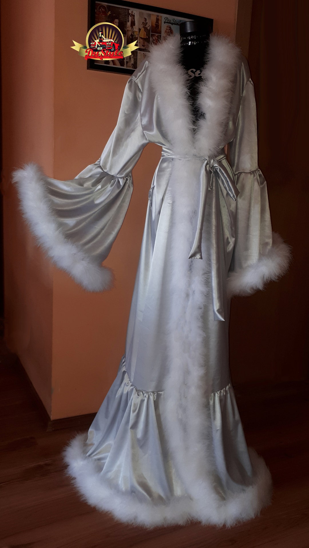 Silver Silky Satin Feathers Dressing Gown, Bridal Getting Ready Silver ...