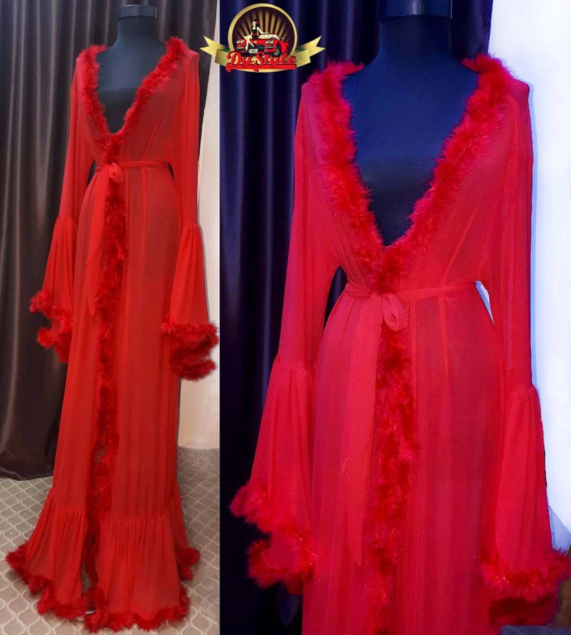 Red Tulle Feathers Robe Red Sheer Feather Kimono Red | Etsy