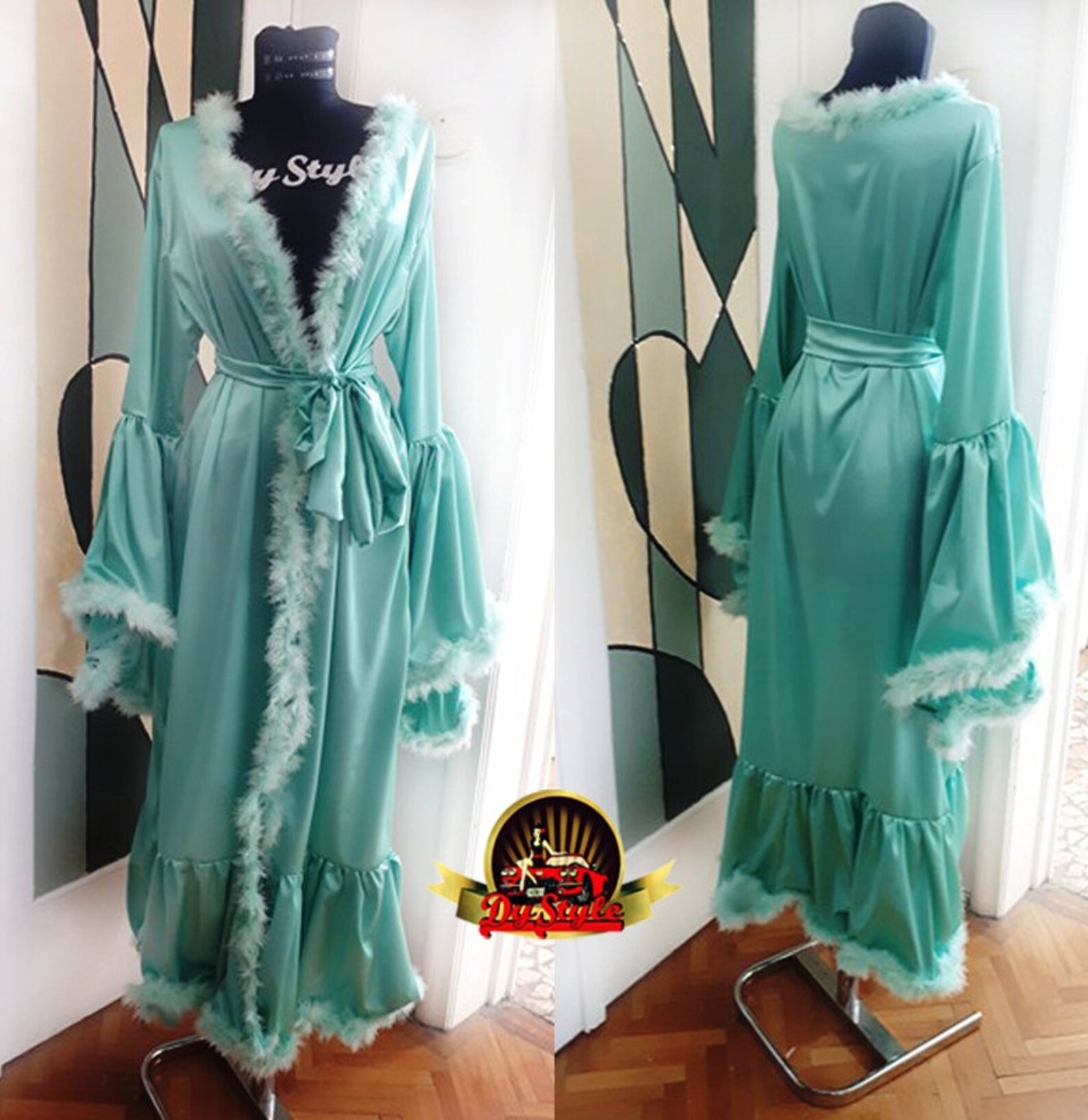 Mint Green Satin Robe Green Marabou Feather Dressing Gown - Etsy