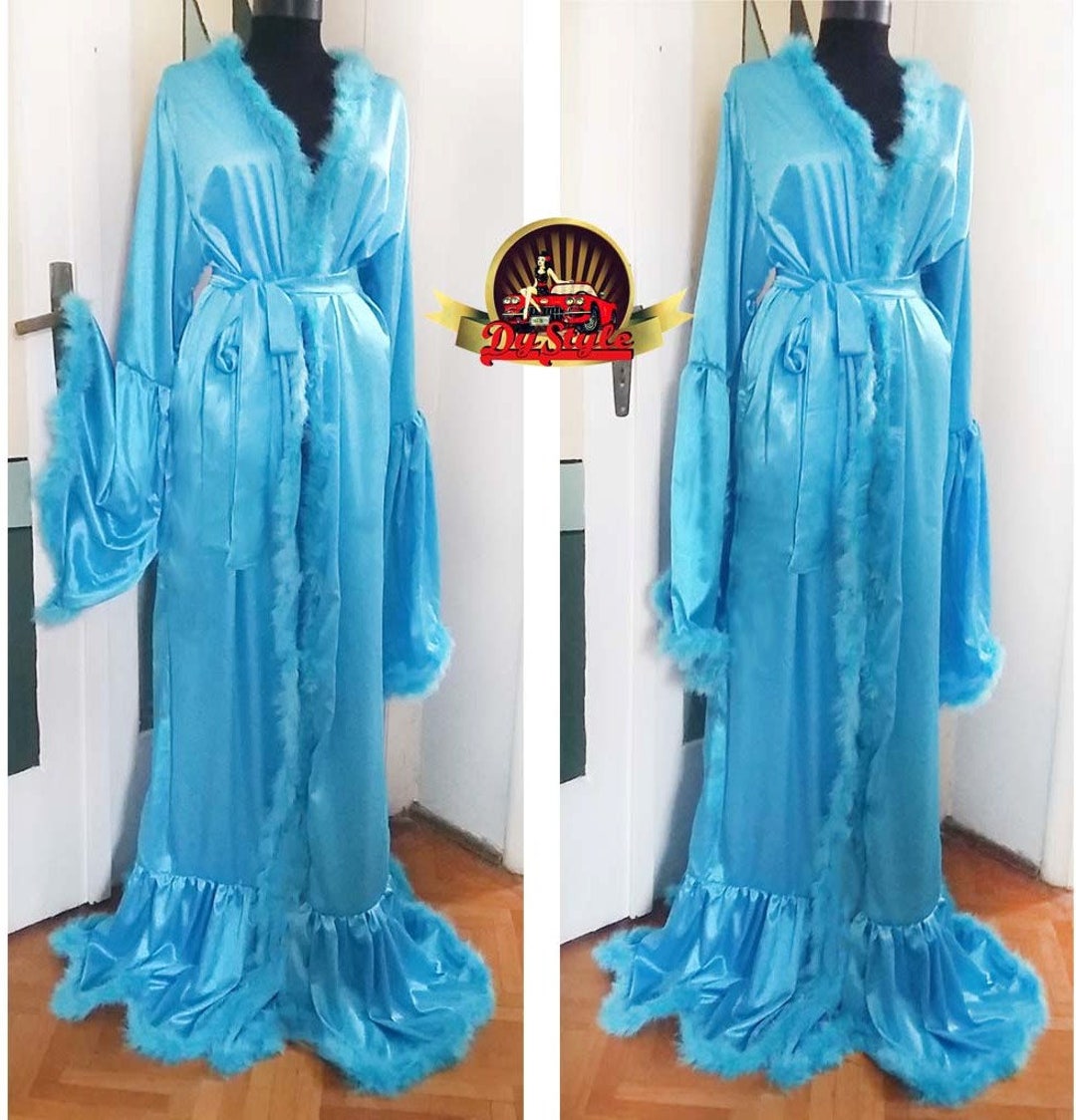 Amazing Ice Blue Dressing Gown, Blue Satin Dressing Gown With Matching ...