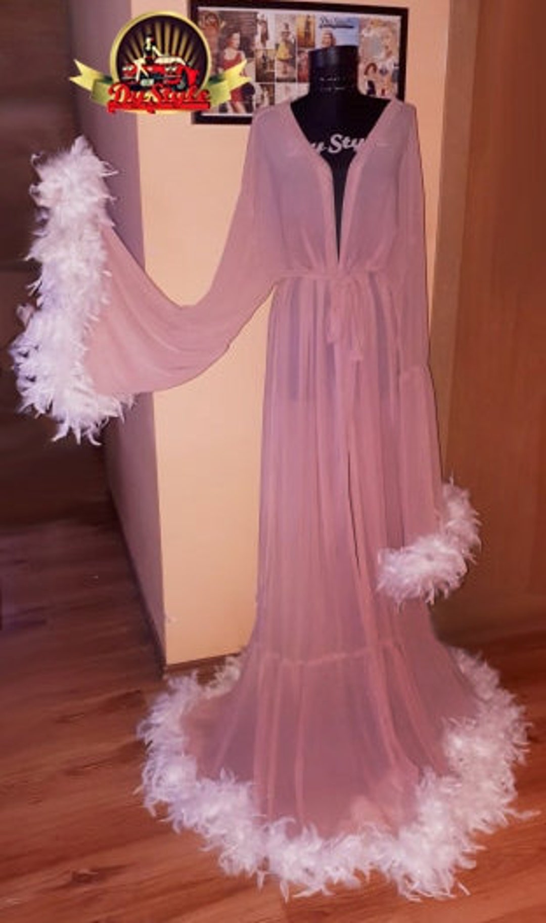 Pink White Big Feathers Sexy Custom Peignoir Robe - Etsy