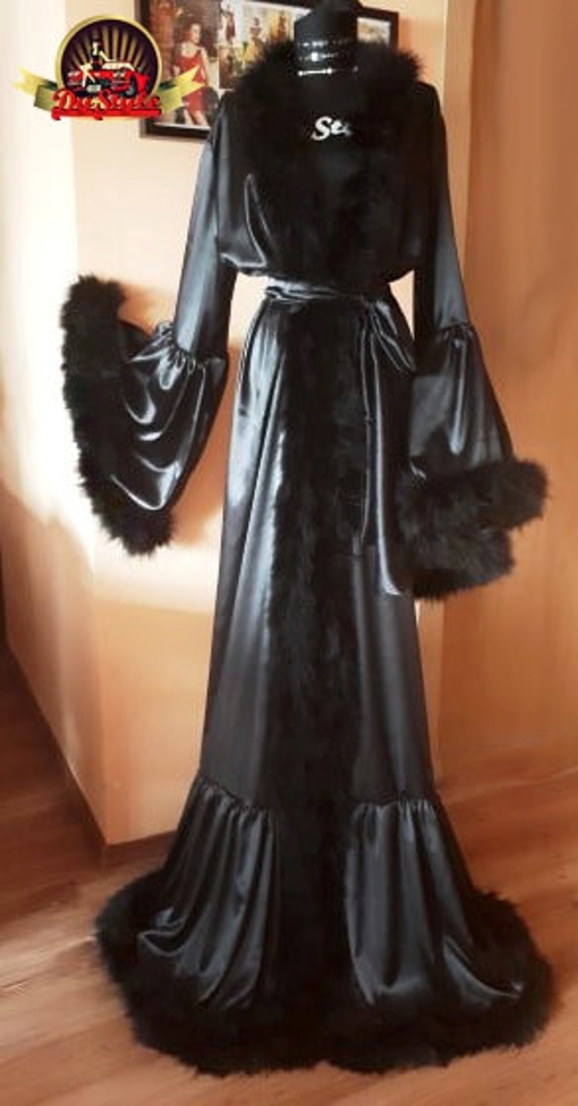 Black Silky Satin With Black 48 Gr Marabou Feather Robe Stage - Etsy