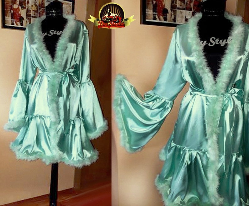 Mint Green Satin Robe Green Marabou Feather Dressing Gown | Etsy