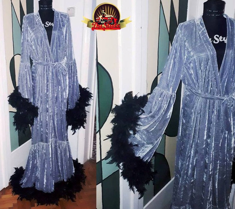 Silver Feathers Velvet Robe Gray Velvet Dressing Gown | Etsy