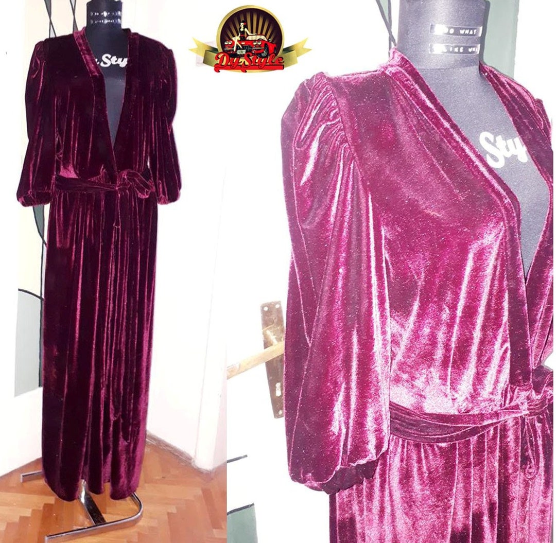 Grape Purple Velvet Dressing Gown With Puffy Sleeves, Burgundy Velvet ...