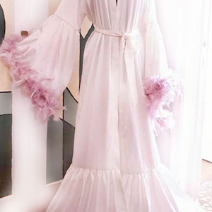 Blue Feathers Robe, Satin Boa Dressing Gown, Blue Custom Plus Size ...