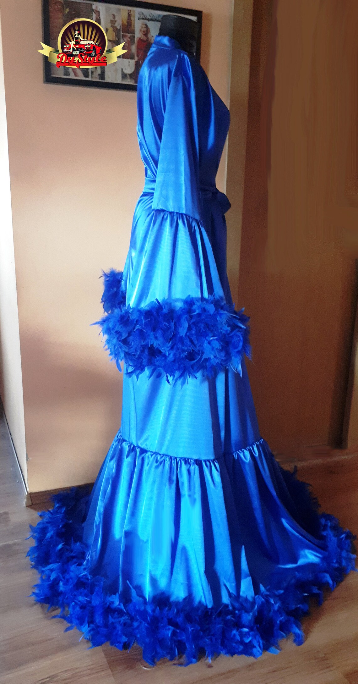 Blue Feathers Robe Satin Boa Dressing Gown Blue Custom Plus | Etsy
