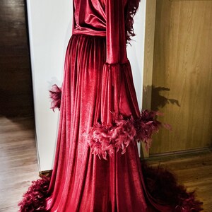 Velvet Feathers Robe, Wine Red Dressing Gown, Burgundy Burlesque Stage ...