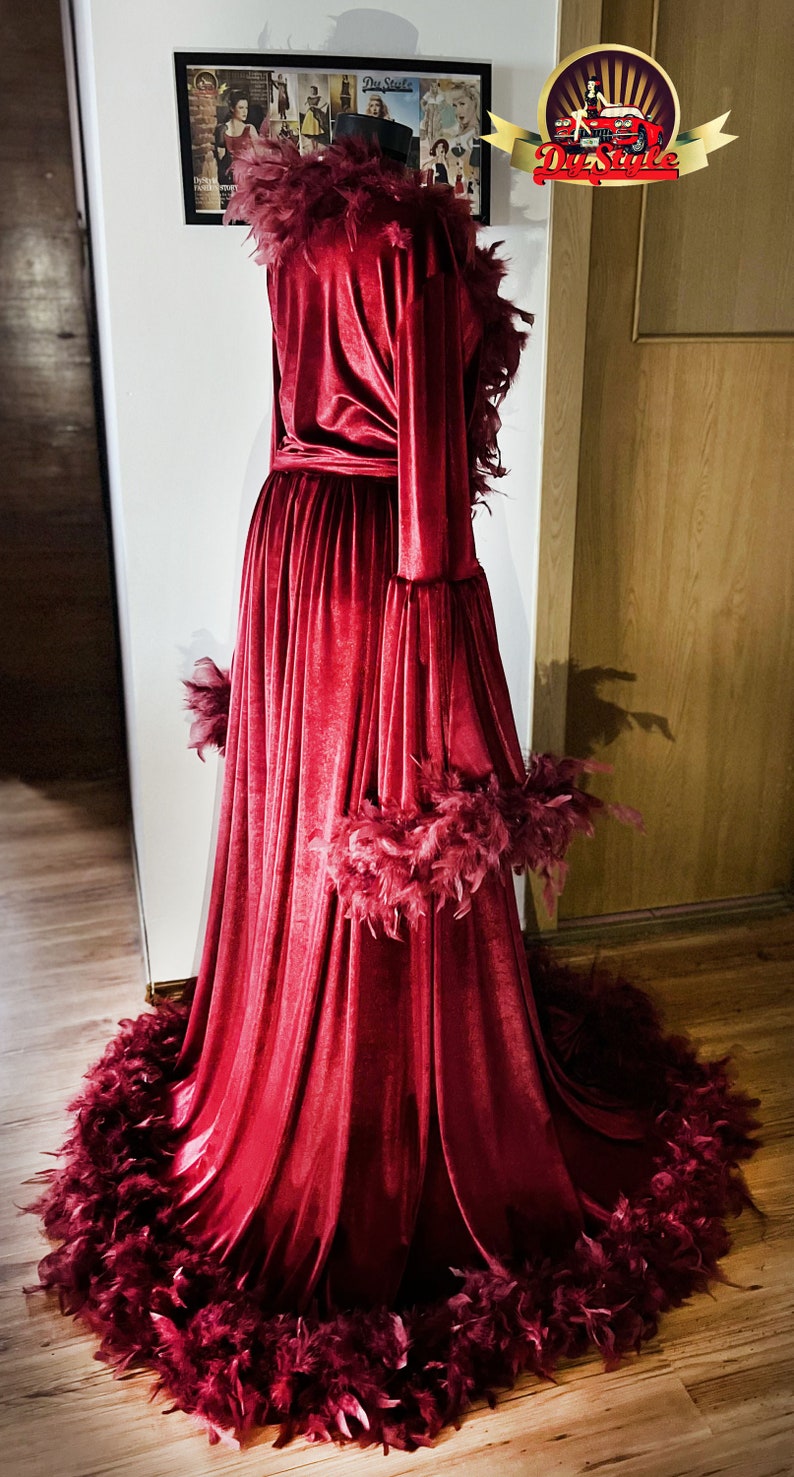 Velvet Feathers Robe Wine Red Dressing Gown Burgundy - Etsy