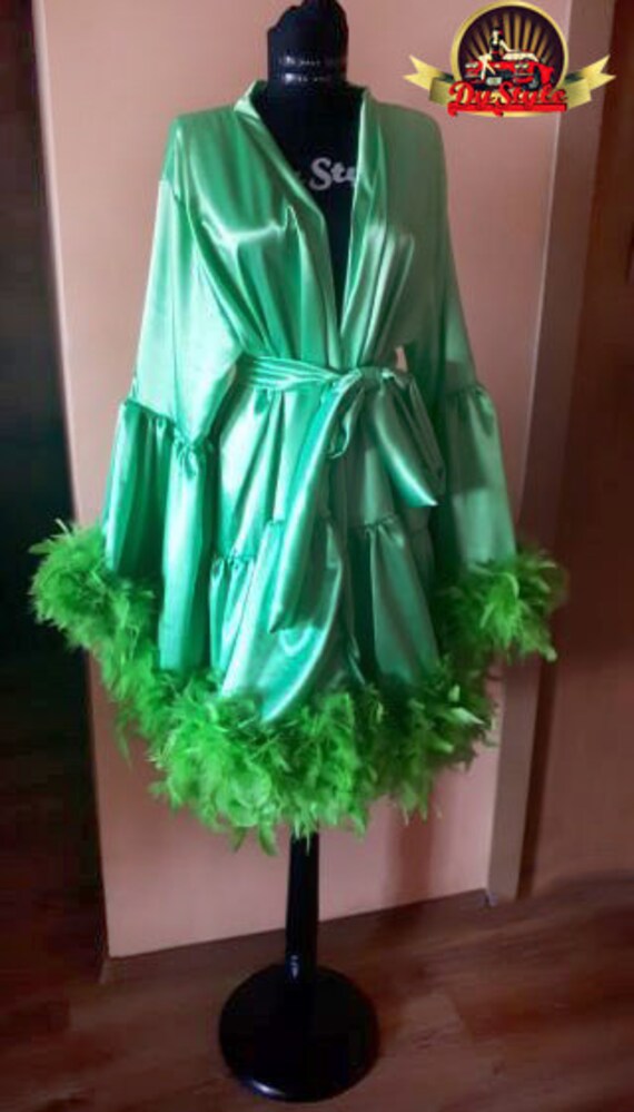 Green Satin Boa Dressing Gown / Sexy Green Silky Satin Robe - Etsy