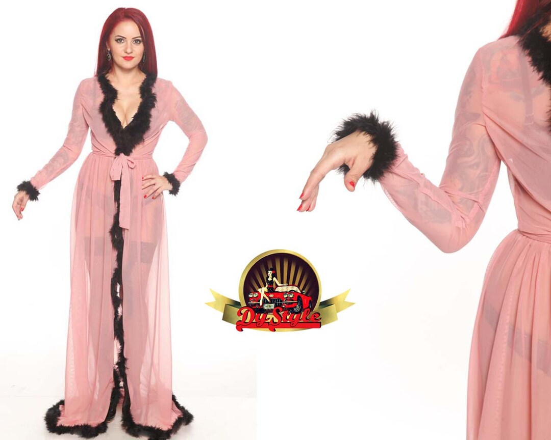 Pink Dressing Gown With Black Marabou Trim, Burlesque Feathers Robe ...