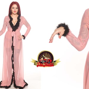 Pink Dressing Gown With Black Marabou Trim, Burlesque Feathers Robe ...