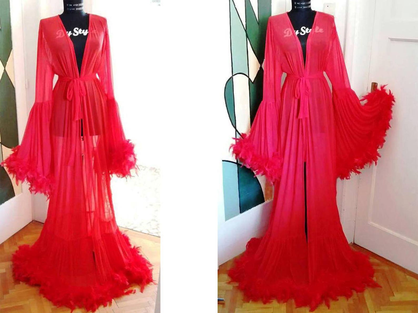 Red Dressing Gown Feathers Burlesque Robe Red Dressing Gown | Etsy
