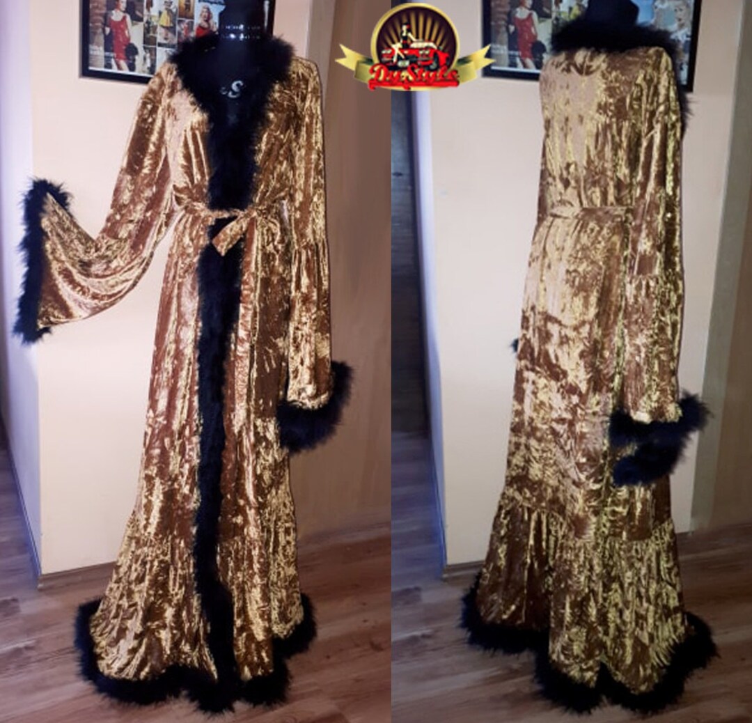 Velour Dorado con Marabú Negro 28 gr Bata de Plumas, Kimono de Bata de Terciopelo - Etsy España