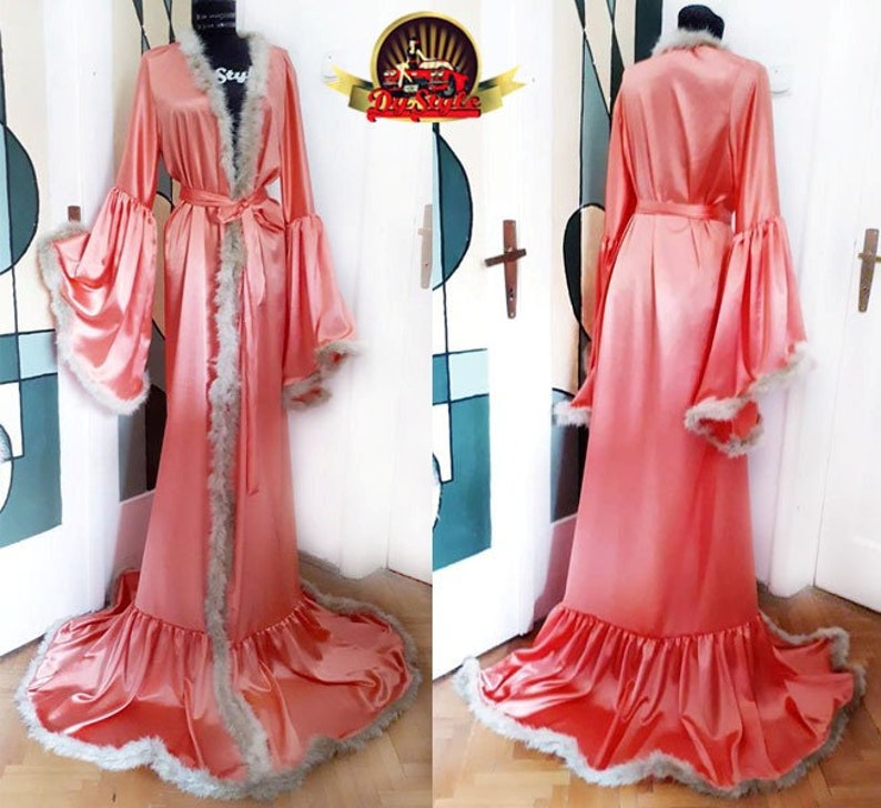 Salmon Dressing Gown Satin Sexy Pink Salmon Lingerie Robe | Etsy