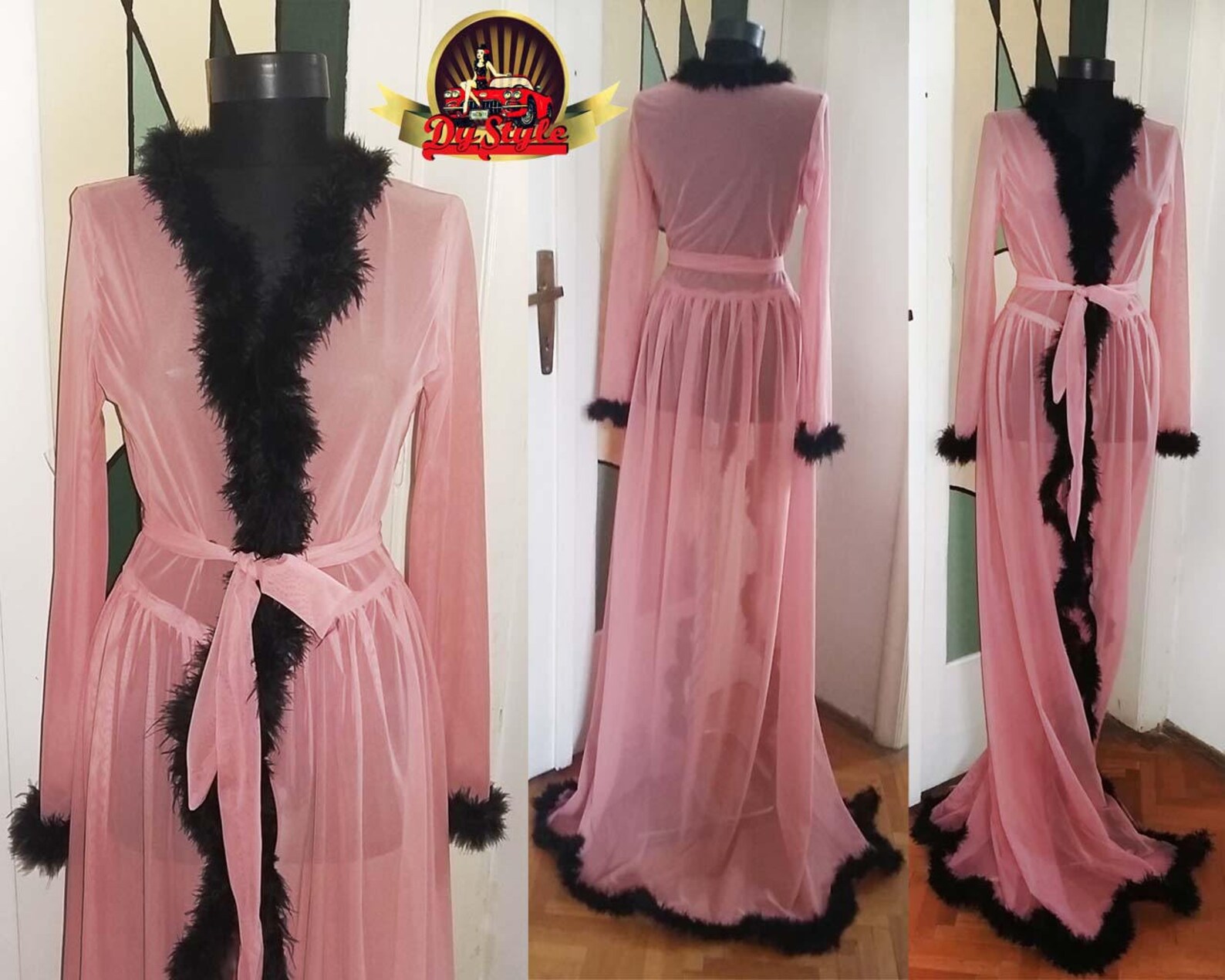 Pink Dressing Gown With Black Marabou Trim Burlesque Feathers - Etsy