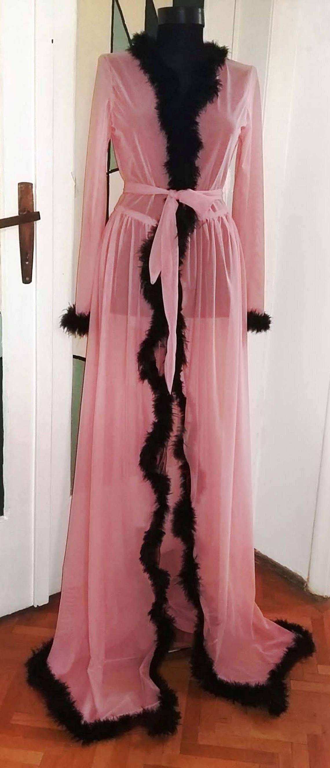 Pink Dressing Gown With Black Marabou Trim Burlesque Feathers - Etsy