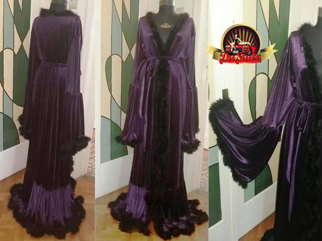 Purple Boudoir Robe, Velvet Dressing Gown, Marabou Feathers Robe ...