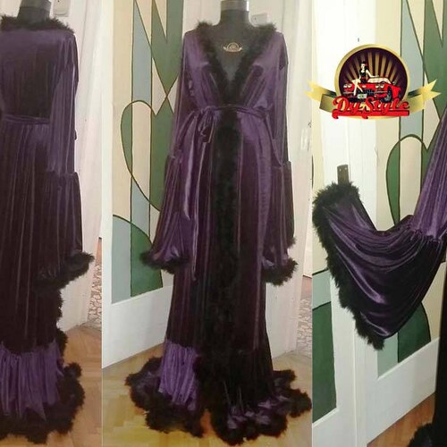 Purple Boudoir Robe Velvet Dressing Gown Marabou Feathers | Etsy