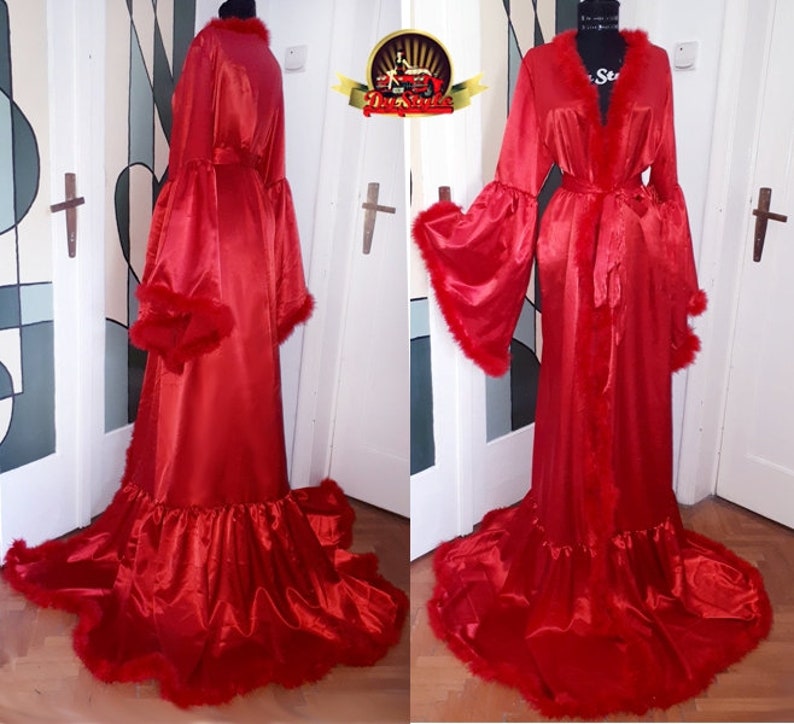 Red Boudoir Dressing Gown Satin Red Dressing Gown Marabou | Etsy