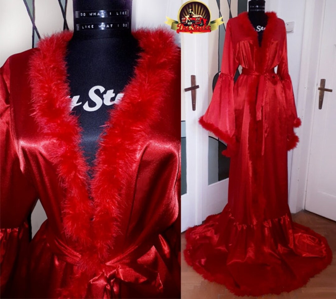 Red Boudoir Dressing Gown Satin Red Dressing Gown Marabou Feather Gowns ...