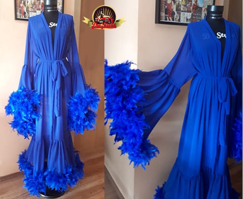 Blue Glamorous Big Feathers Romantic Peignoir Robe Gown - Etsy