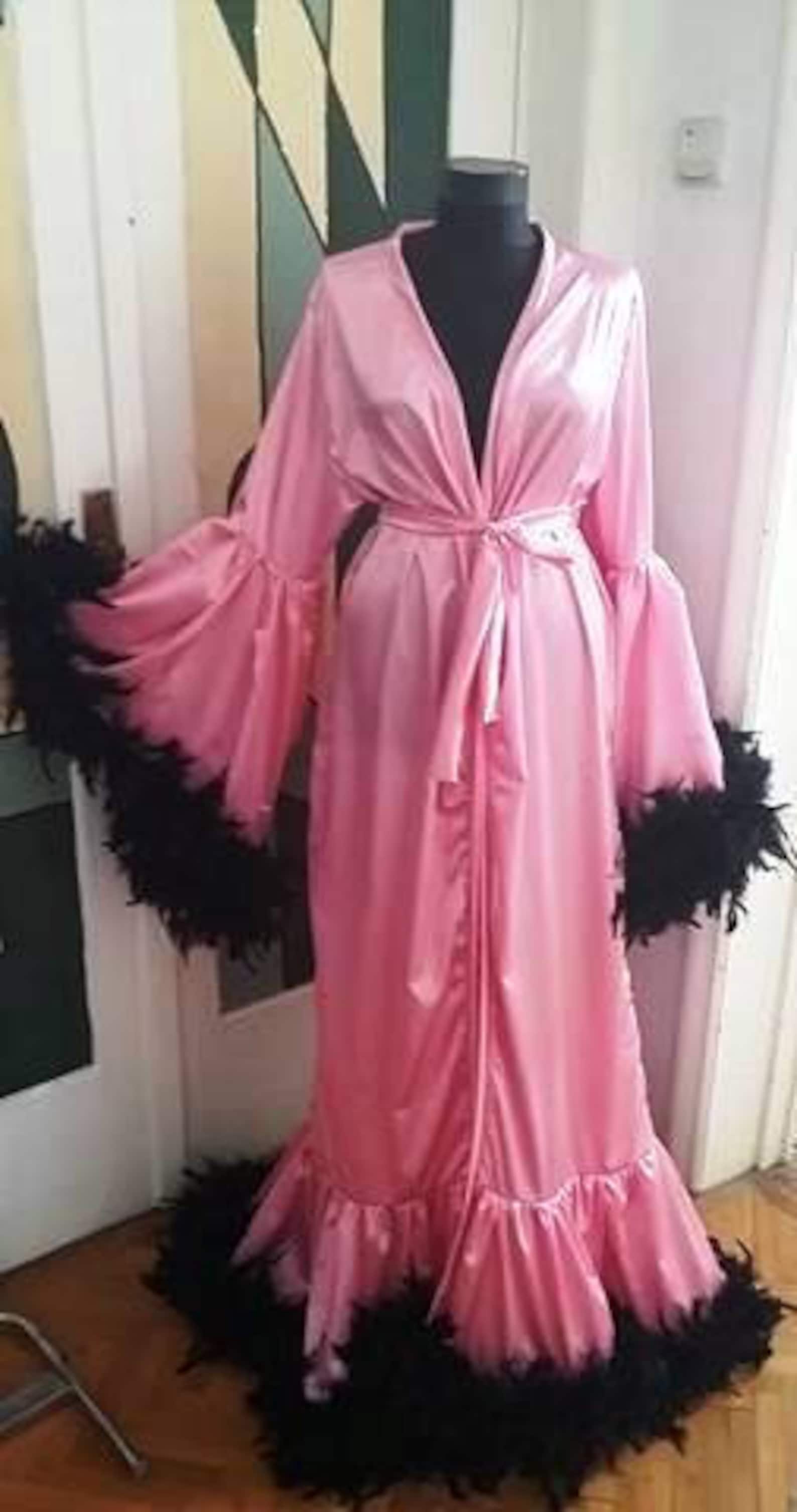 Black Feathers Pink Satin Dressing Gown Burlesque Pink Robe | Etsy