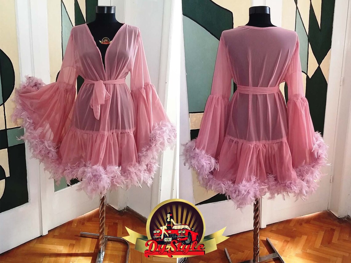 Pink Feathers Chiffon Dressing Gown Burlesque Feathers Robe - Etsy