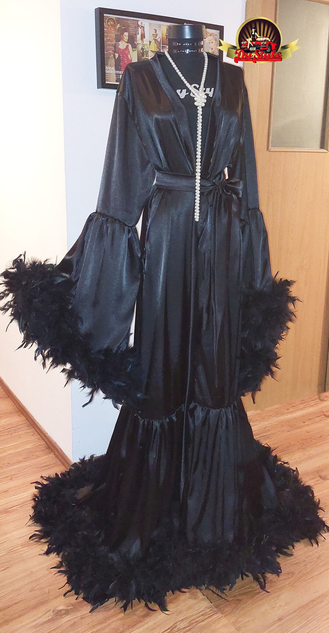 Black Silky Satin Feathers Robe With Train, Black Custom Plus Size ...