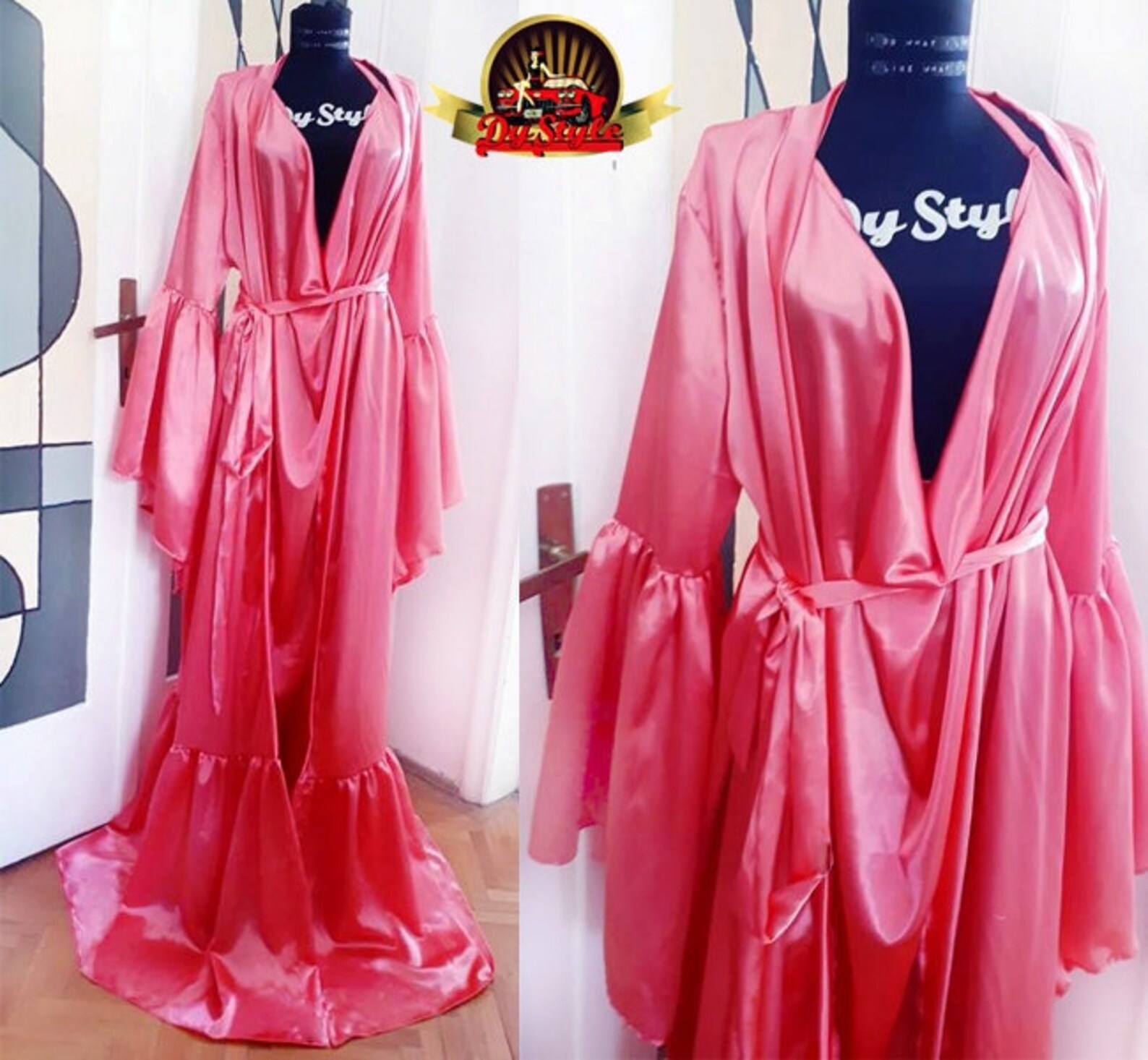 Pink Salmon Silky Satin Dressing Gown Set Vintage Style - Etsy