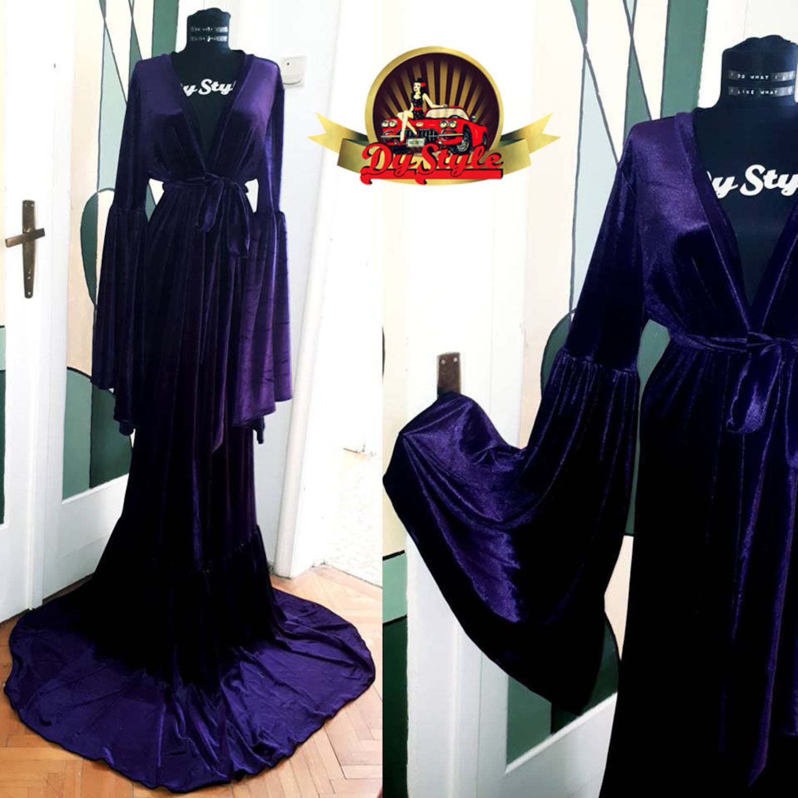 Blue Velvet Robe, Bell Sleeves, Custom Velour Dressing Gown - Etsy