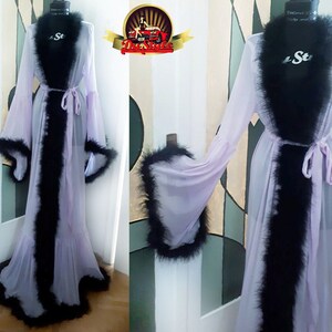 Lavender Robe With Fluffy Black Feathers, Black Marabou Feather Purple ...
