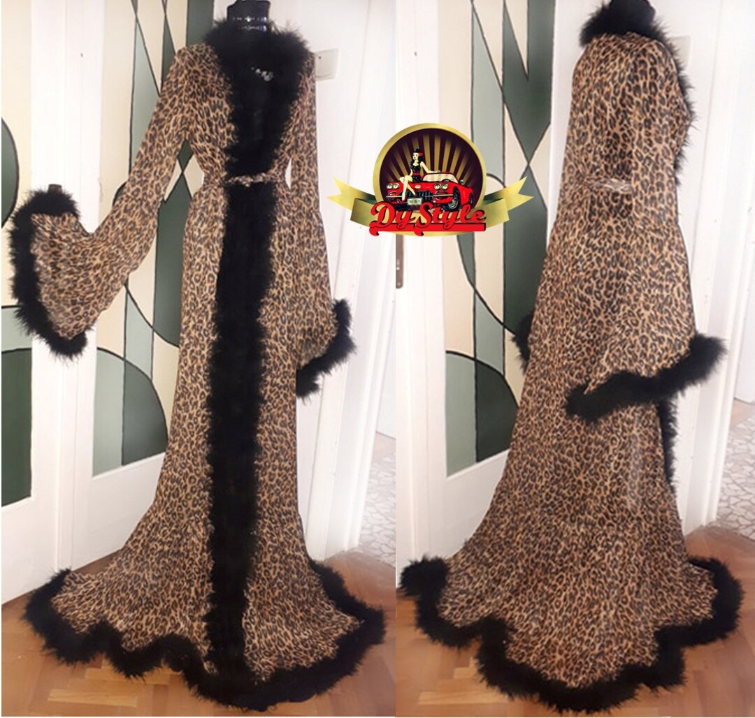 Luxury Feather Animal Print Robe, Glamorous Nightwear With Fluffy Black ...