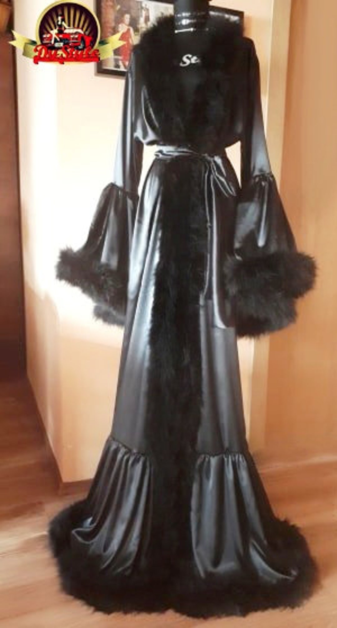 Black Silky Satin With Black 48 Gr Marabou Feather Robe Stage Dress - Etsy