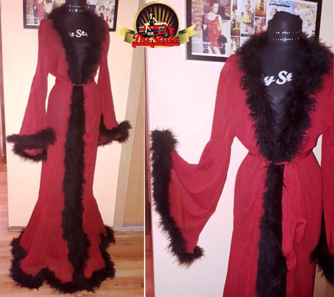 Burgundy Robe With Fluffy Black Feathers Black Marabou - Etsy