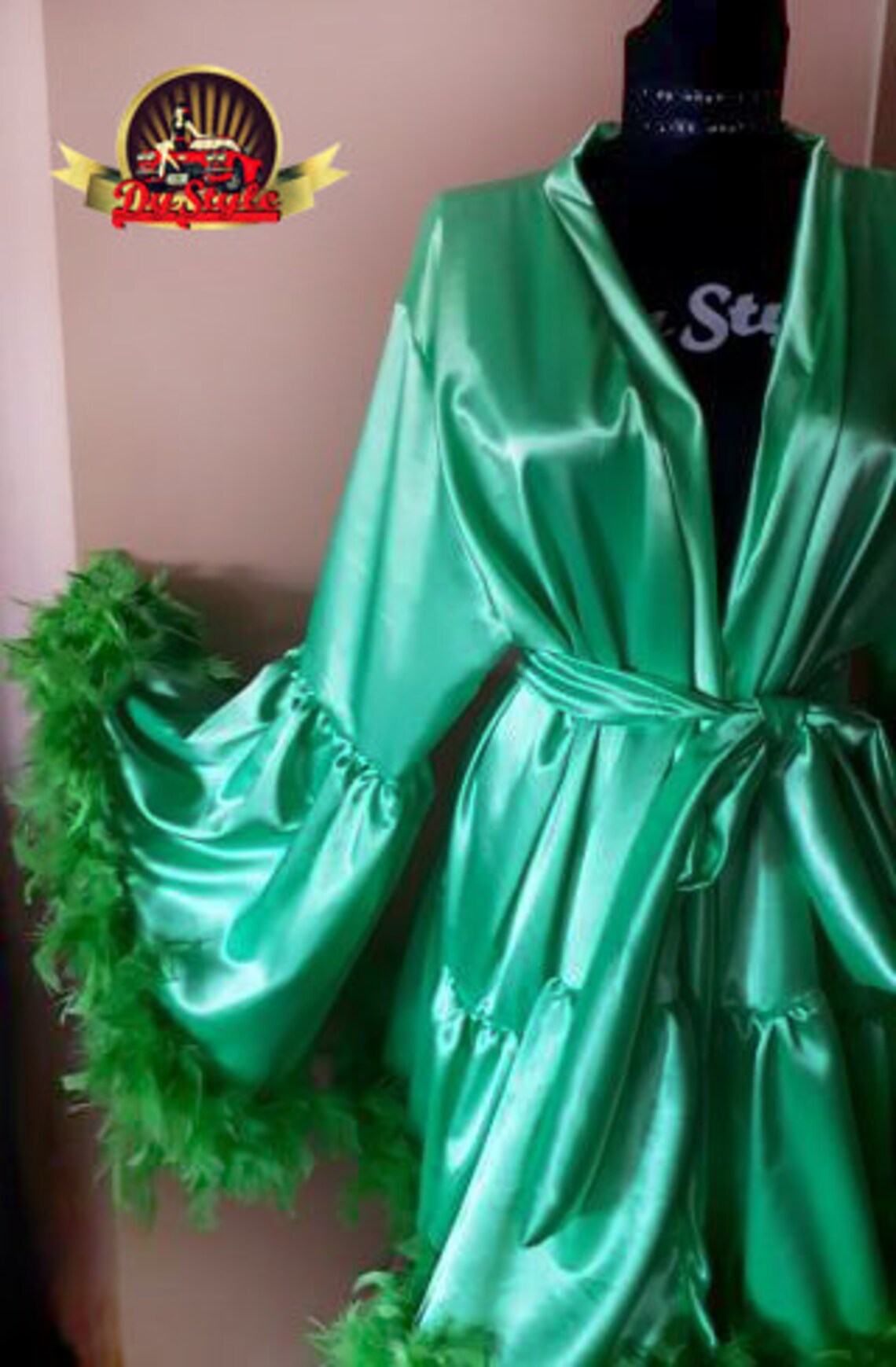 Green satin boa dressing gown / Sexy green silky satin robe | Etsy