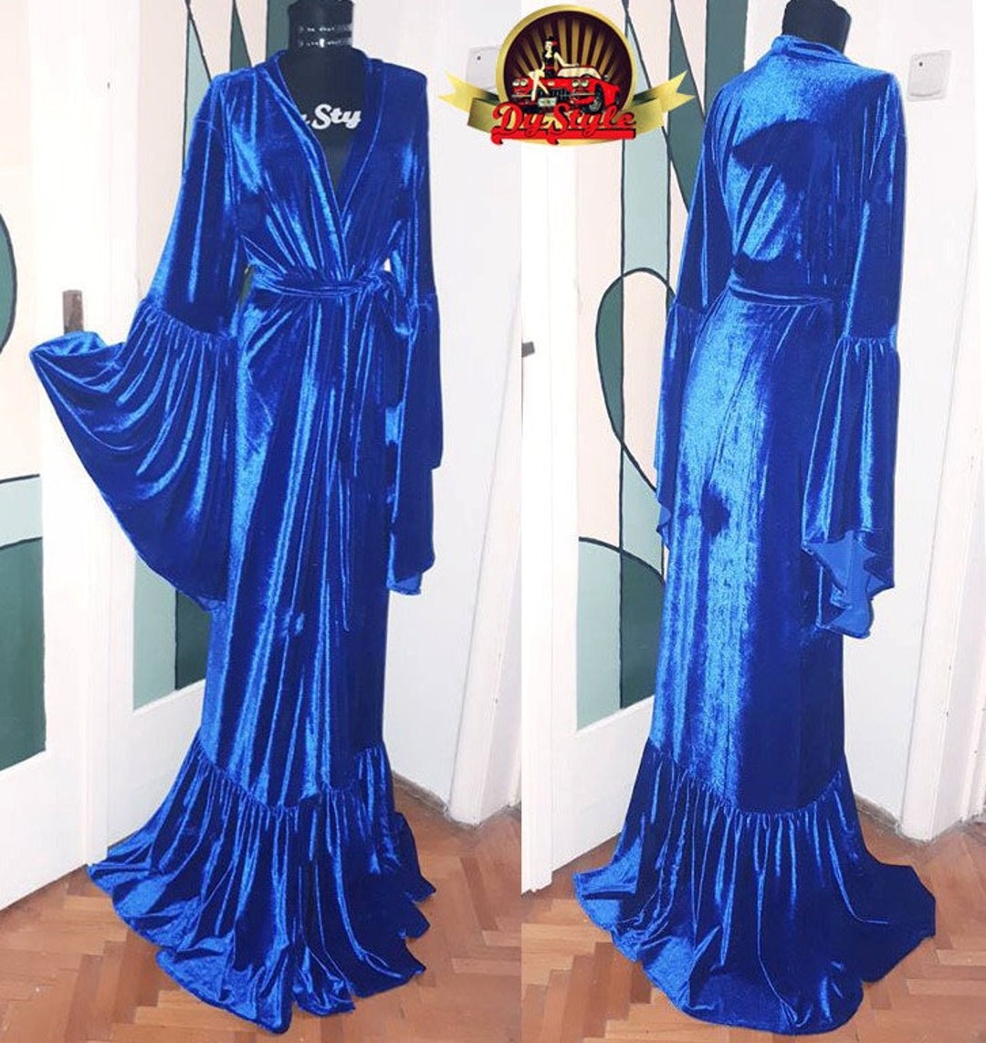 Blue Velvet Robe, Hot Blue Velour Dressing Gown, Velvet Blue Duster ...