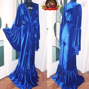 Blue Velvet Robe, Bell Sleeves, Custom Velour Dressing Gown - Etsy