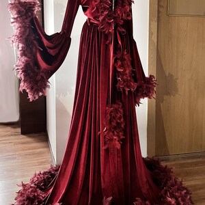 Velvet Feathers Robe, Wine Red Dressing Gown, Burgundy Burlesque Stage ...