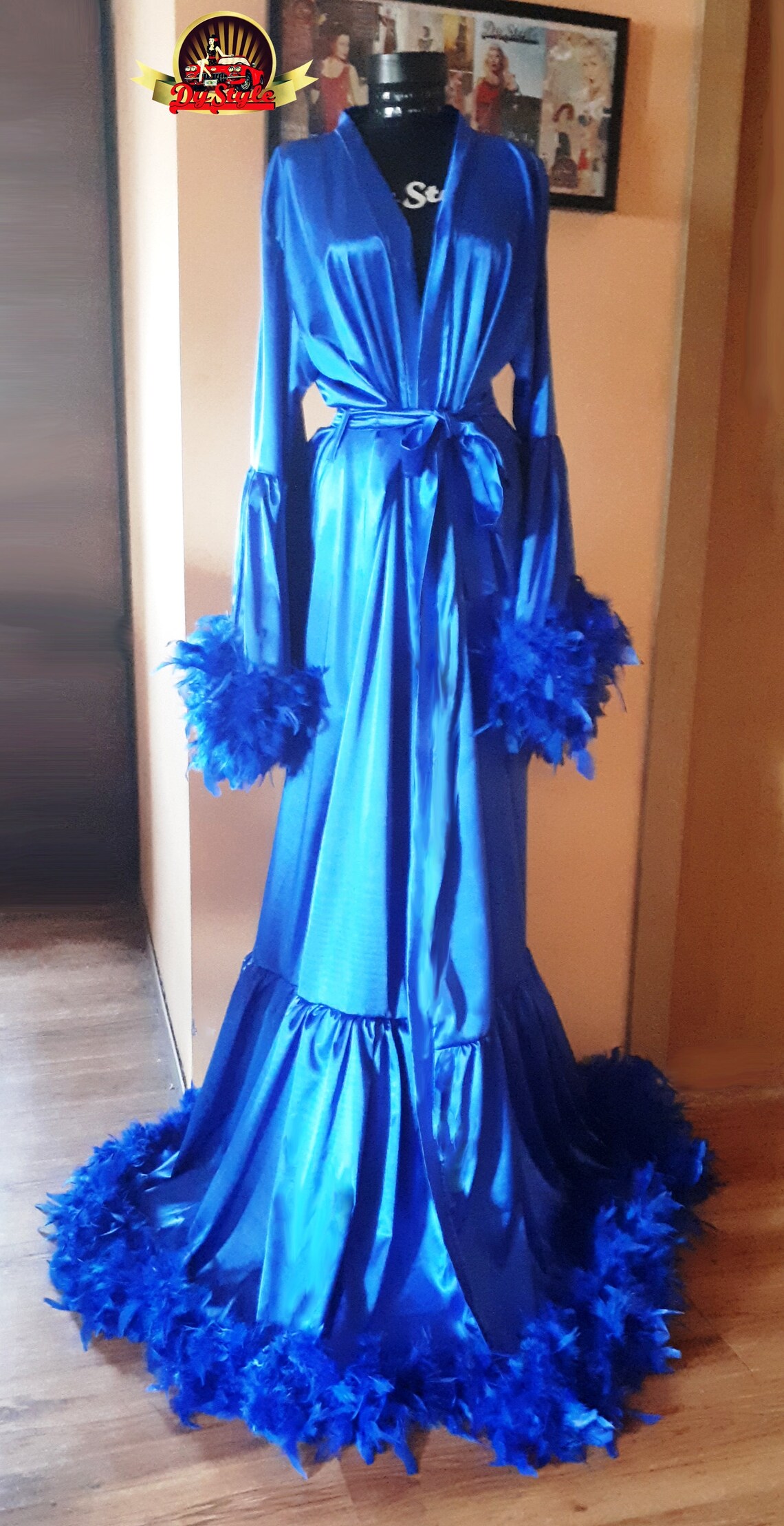Blue Feathers Robe Satin Boa Dressing Gown Blue Custom Plus | Etsy