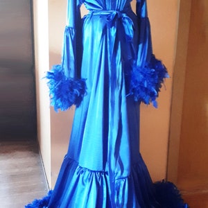 Blue Feathers Robe, Satin Boa Dressing Gown, Blue Custom Plus Size ...