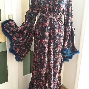Dark Blue Flowers Velvet Robe Vintage Robe Feathers Dressing - Etsy