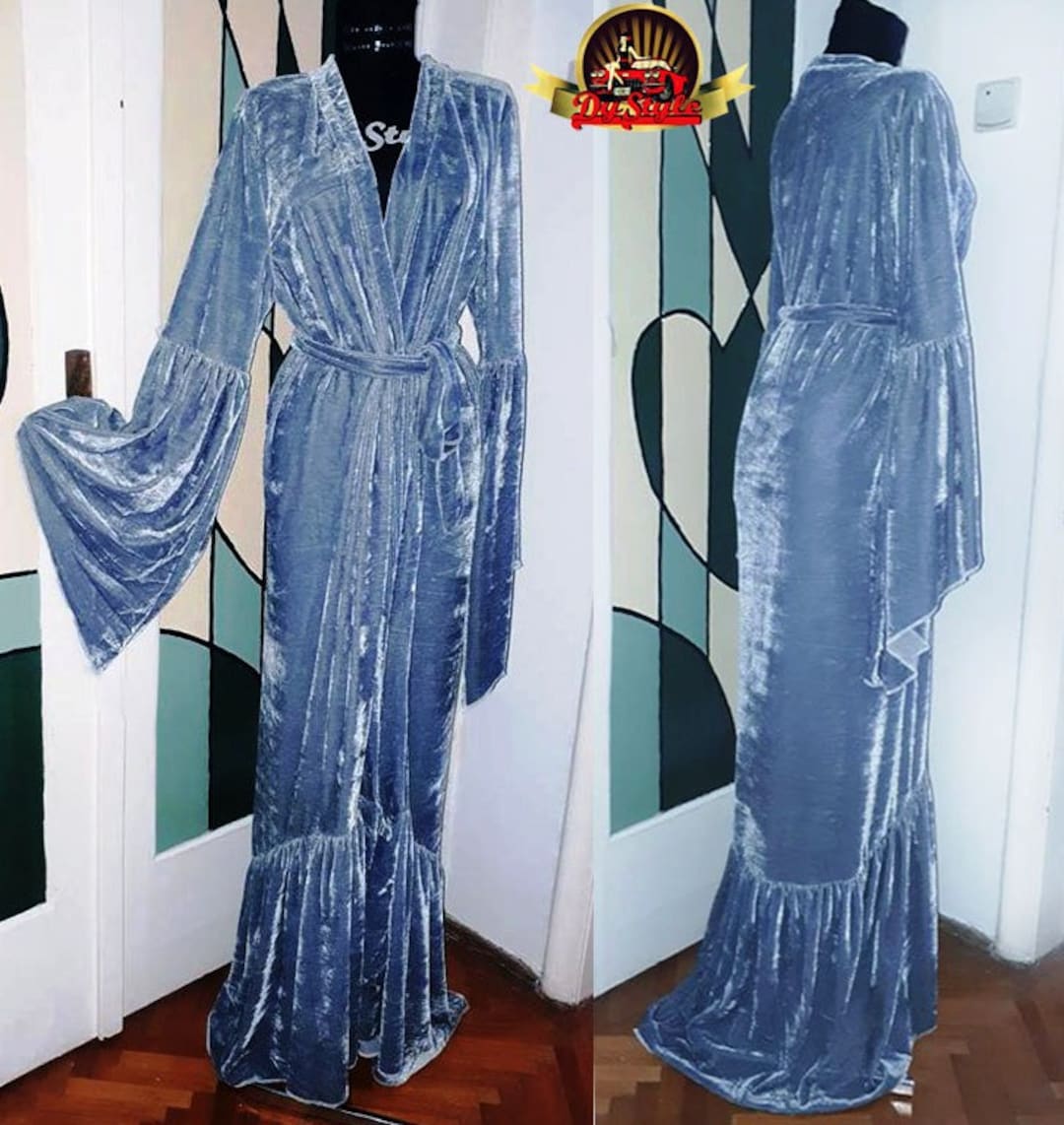 Gray Velvet Robe, Silver Velvet Dressing Gown, Silver Gray Velvet Blue ...