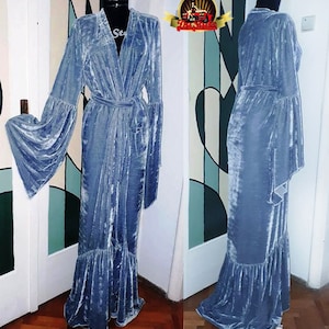 Gray Velvet Robe, Silver Velvet Dressing Gown, Silver Gray Velvet Blue ...