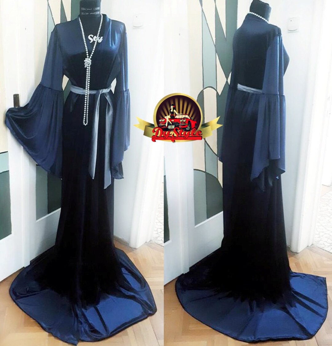 Navy Blue Velvet Robe, Blue Velour Gown, Dark Blue Velvet Dressing Gown ...