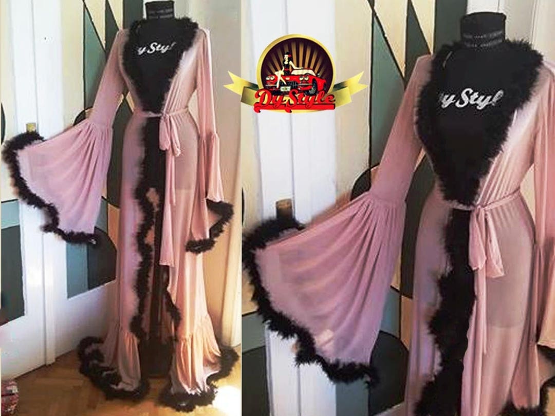 Pink and Black Boudoir Dressing Gown, Marabou Feather Robe Lingerie ...