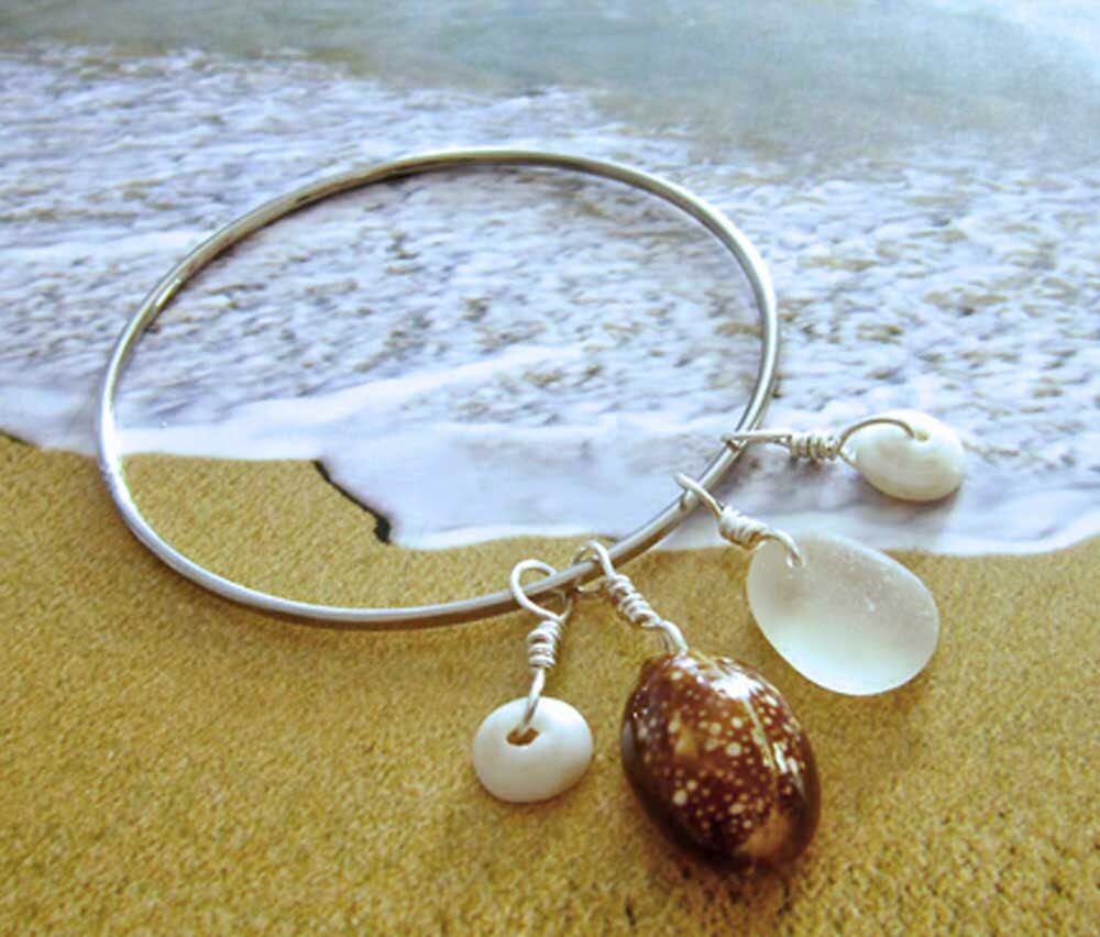 Puka Shell, Sea Glass and Cowrie Bangle, Stacking Bracelet, Hawaiian ...