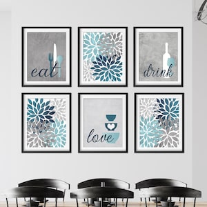 Kitchen Art Prints Eat Drink Love Fine Art Blue Teal Aqua Gray Flower ...