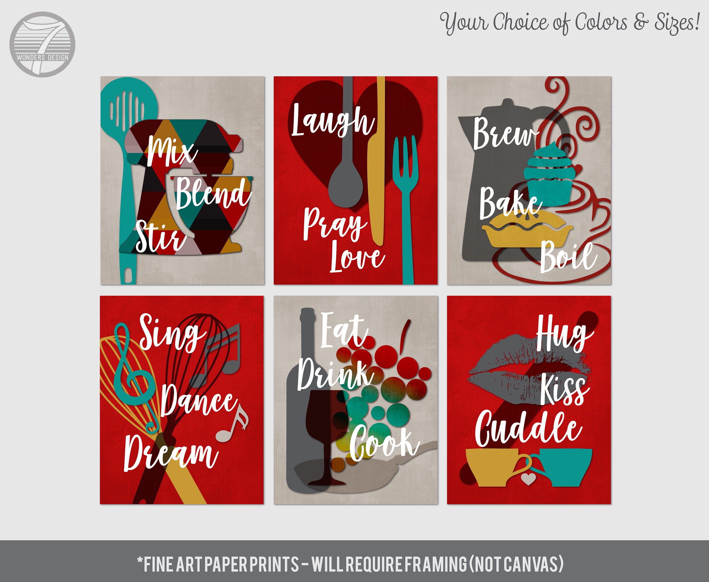 Cute Fun Kitchen Wall Art Print Set Couples Art Red Teal - Etsy